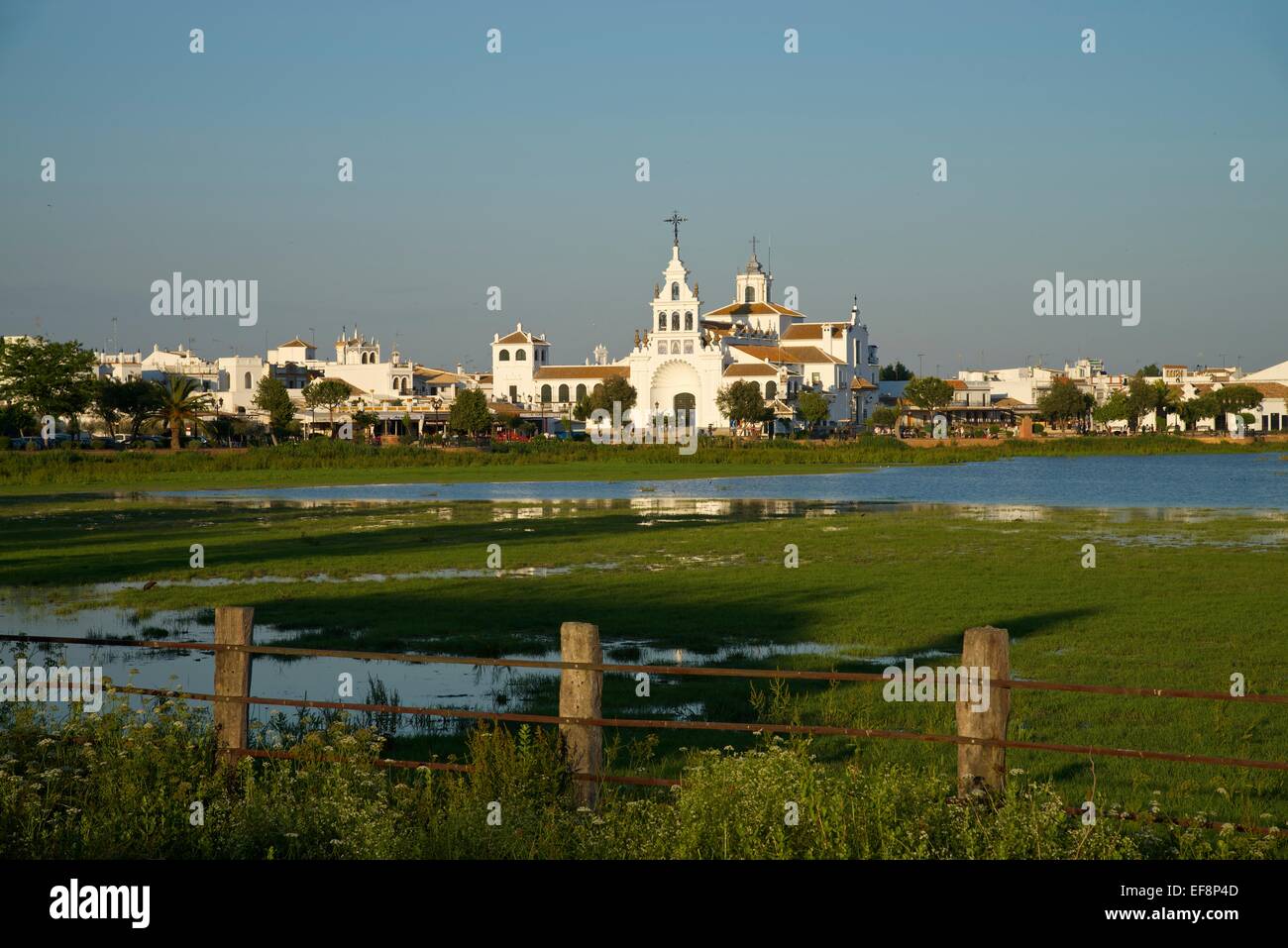 Hermitage of El Rocío in the lagoon of the Doñana National Park, El ...