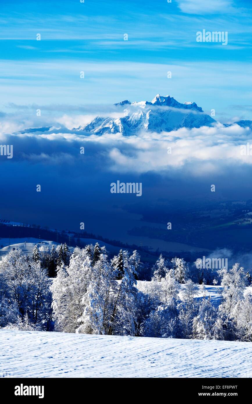 Mt. Pilatus in winter landscape with Lake Zug in the foreground ...