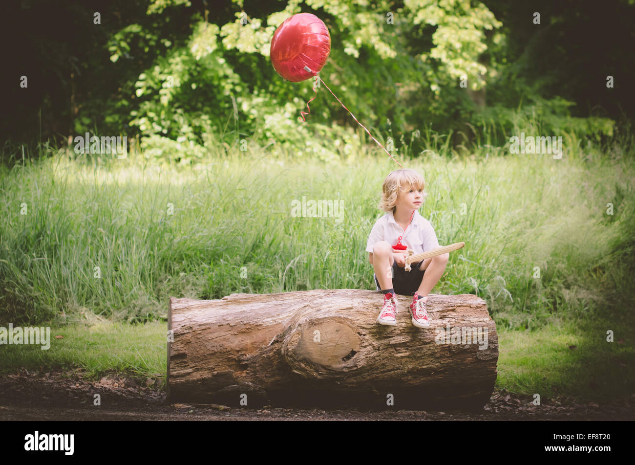 Young boy (6-7) sitting on log with red balloon Stock Photo - Alamy