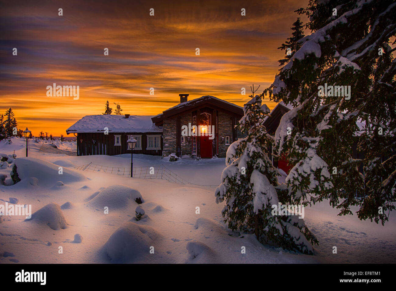 Norway, Namsos, Log cabin at sunset Stock Photo - Alamy