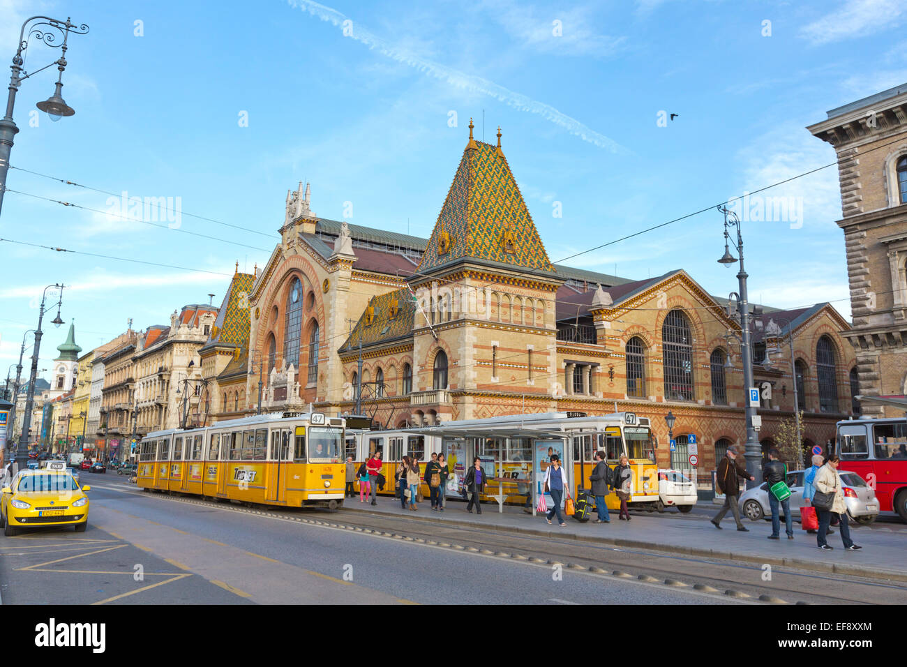 Yellow tram electric tramway near indoor Market in Budapest Hungary ...