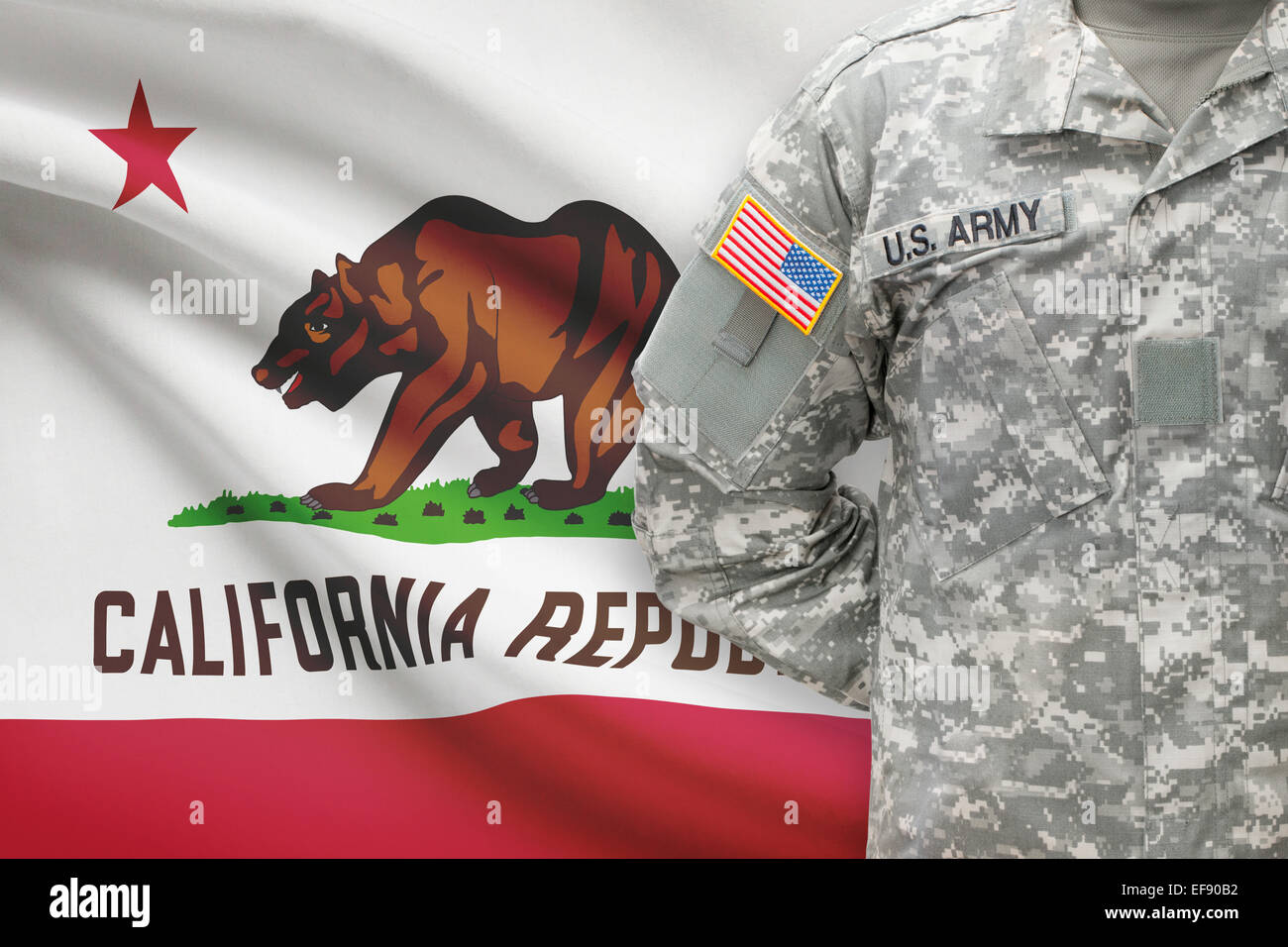American soldier with US state flag on background - California Stock ...