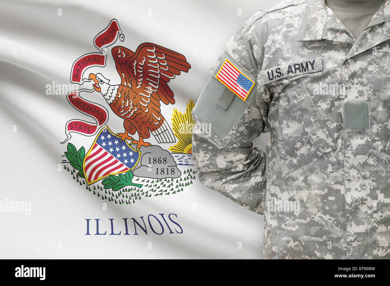 American soldier with US state flag on background - Illinois Stock ...