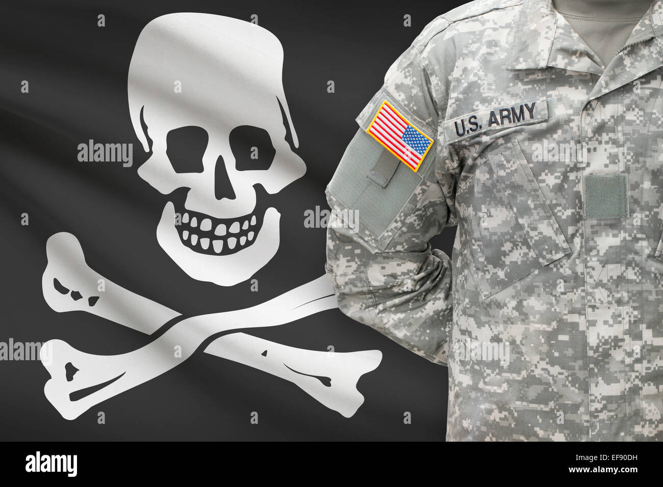 American soldier with flag on background - Jolly Roger - symbol of ...