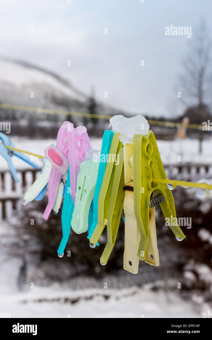 plastic clothes pegs on a washing line Stock Photo - Alamy