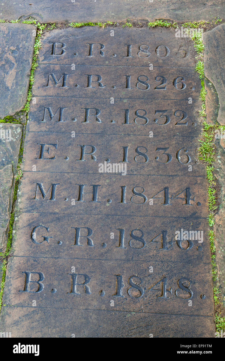 Gravestone or memorial stone with initials and dates in All Saints ...
