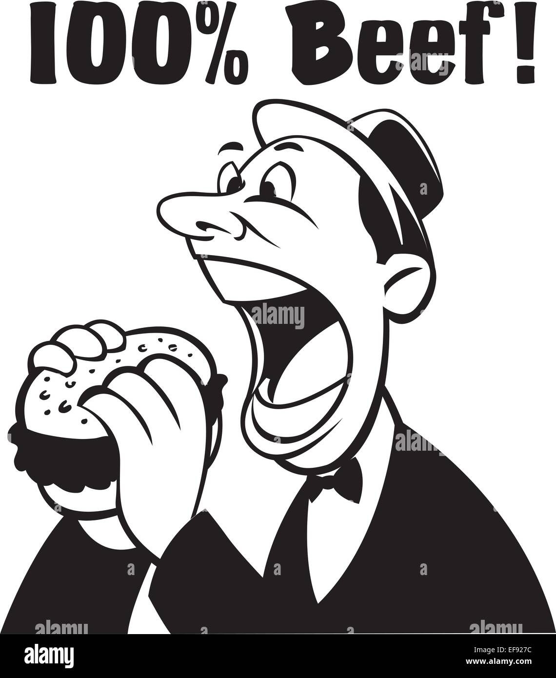 A man eating a burger with the words 100% Beef! written above him Stock ...