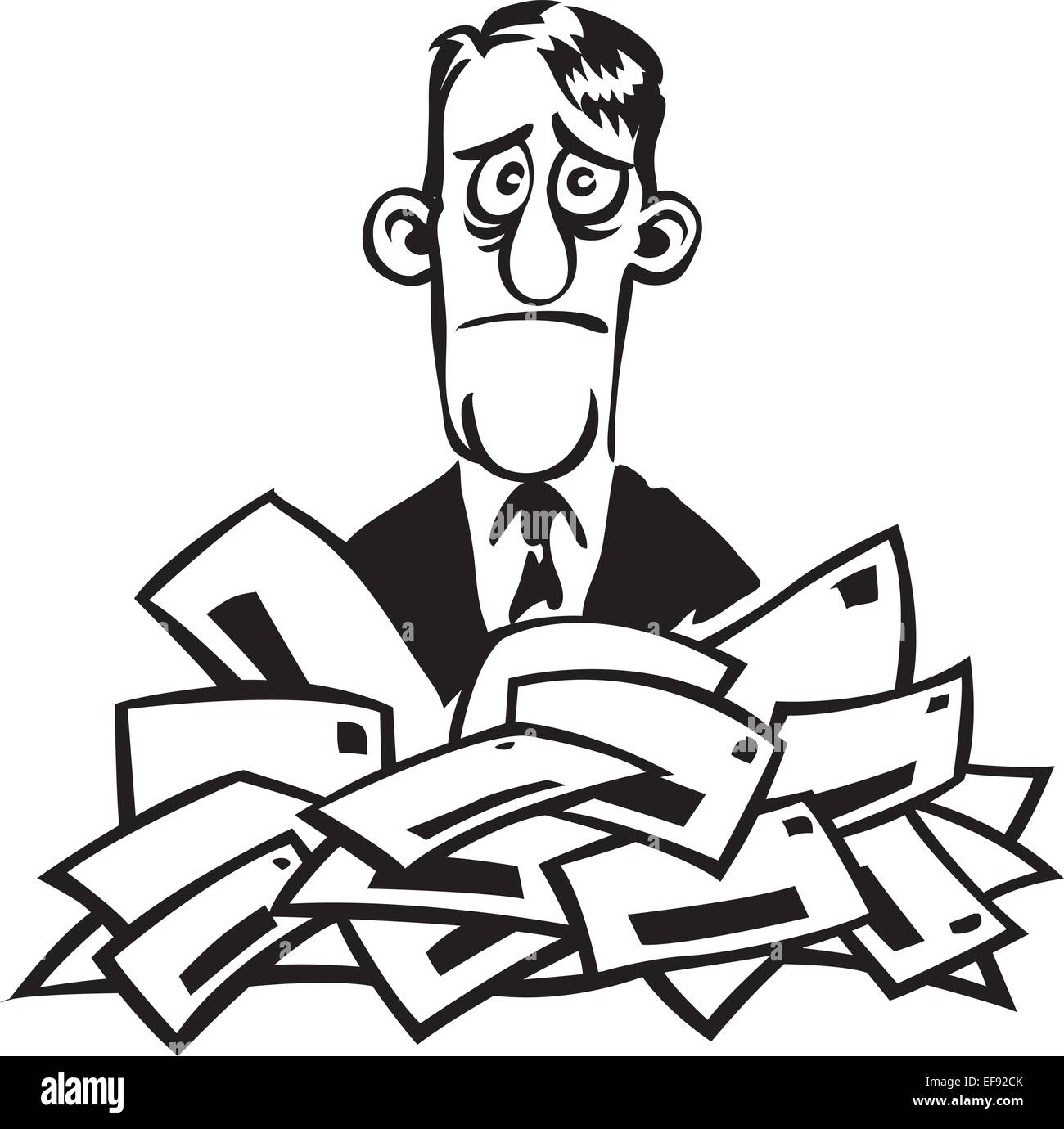 A man with a sad face standing over a pile of bills Stock Vector Image ...