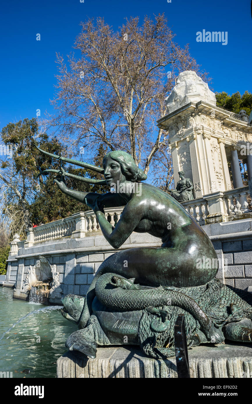 bronze sculpture of a mermaid. Lake in Retiro park, Madrid Spain Stock ...