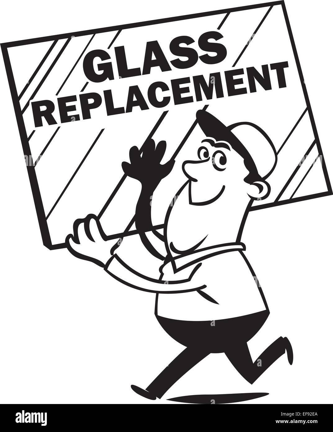 A man holding a piece of glass that says glass replacement Stock Vector ...