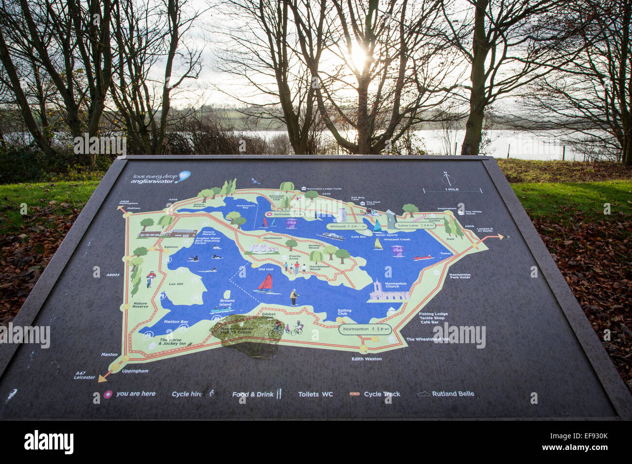 Tourist map of Rutland Water with the reservoir visible through the ...