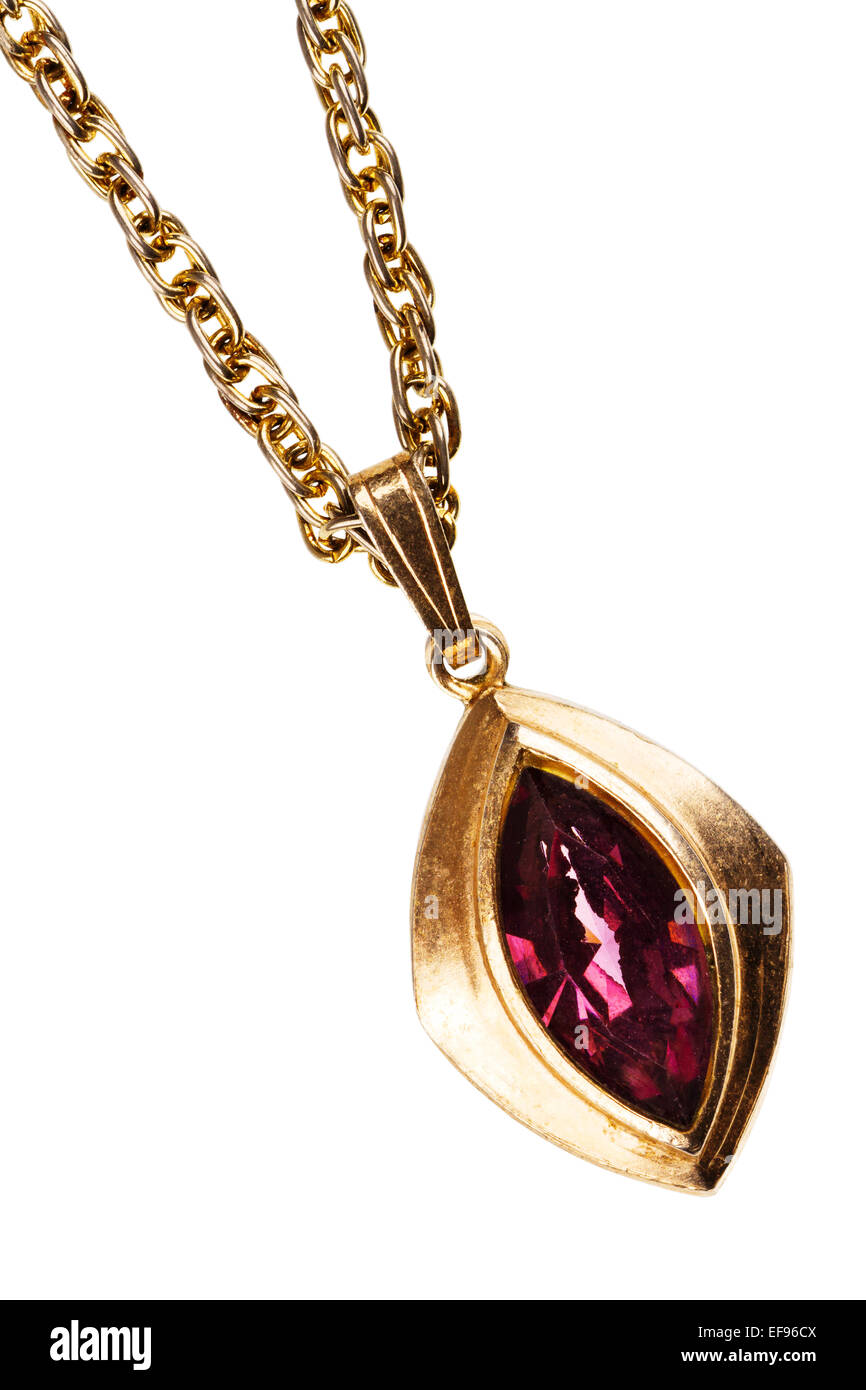 Golden and ruby pendant on chain isolated on white background Stock ...
