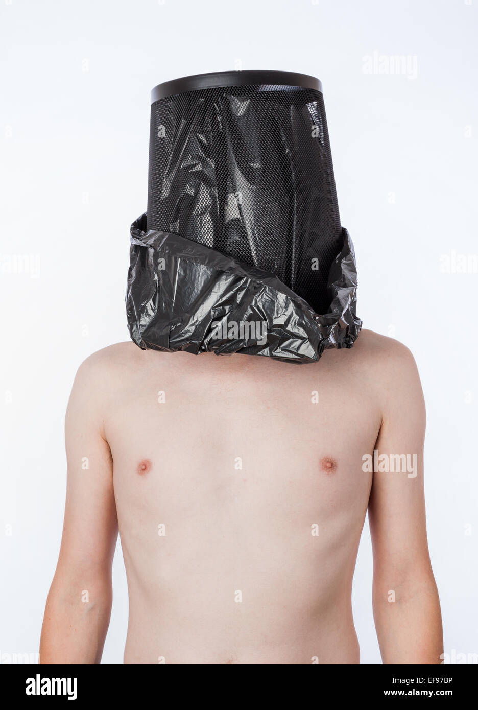 Man with the trash bag on his head Stock Photo - Alamy