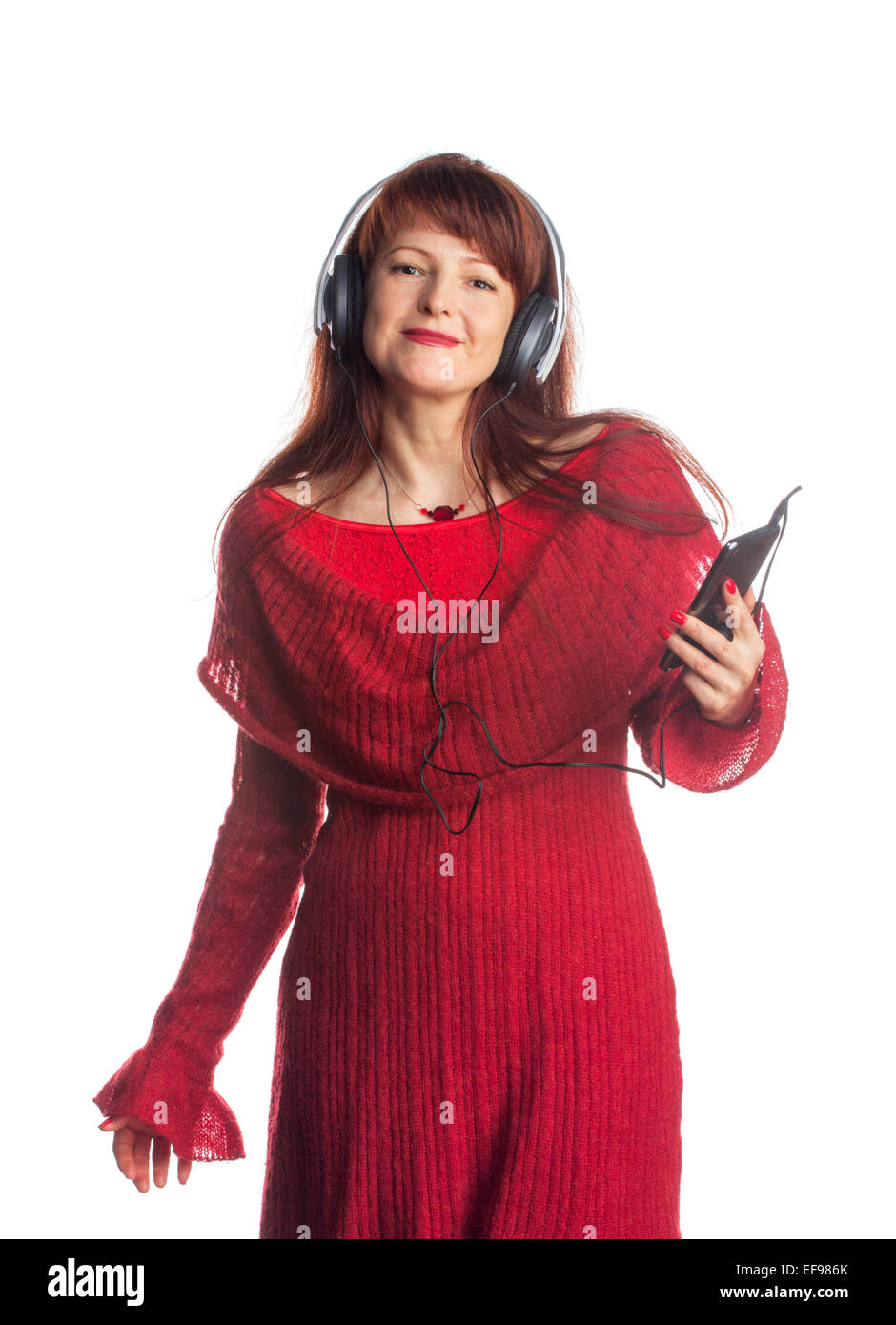 beautiful adult woman listening music, isolated Stock Photo - Alamy