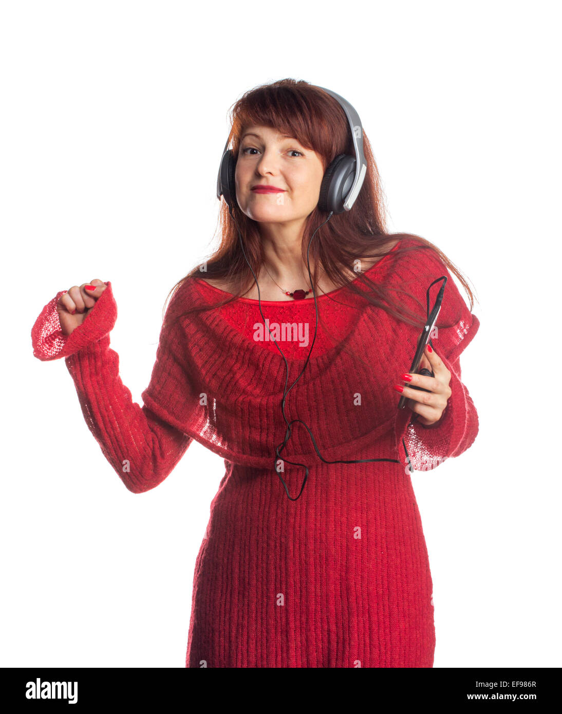 beautiful adult woman listening music, isolated Stock Photo - Alamy