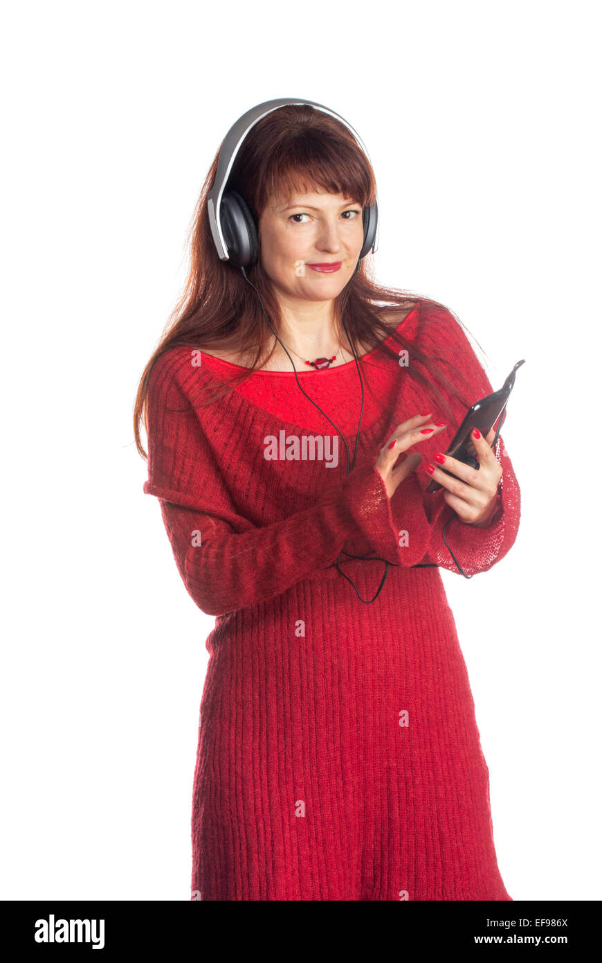 beautiful adult woman listening music, isolated Stock Photo - Alamy