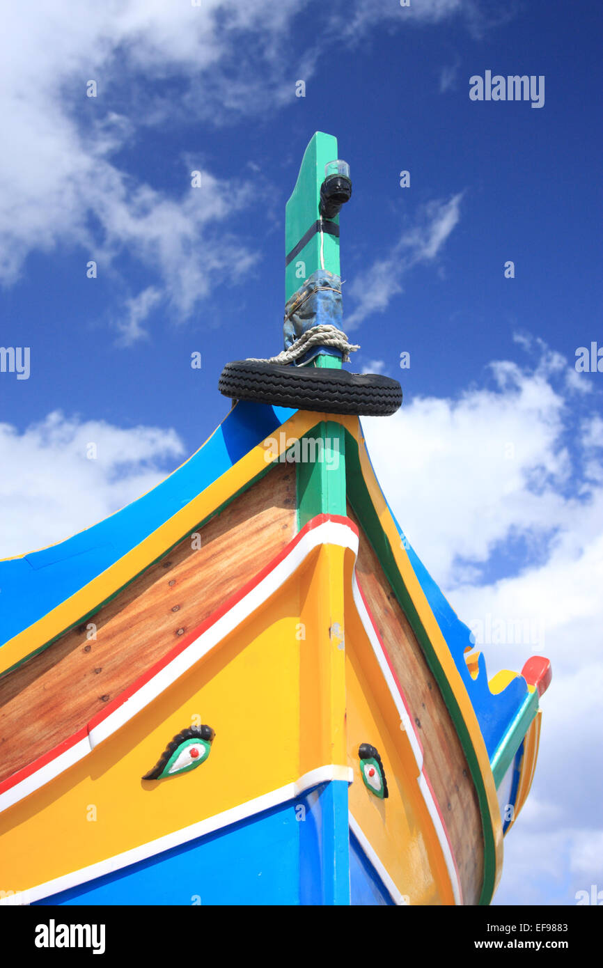 Prow of brightly decorated 'luzzu' - traditional Maltese fishing boat ...