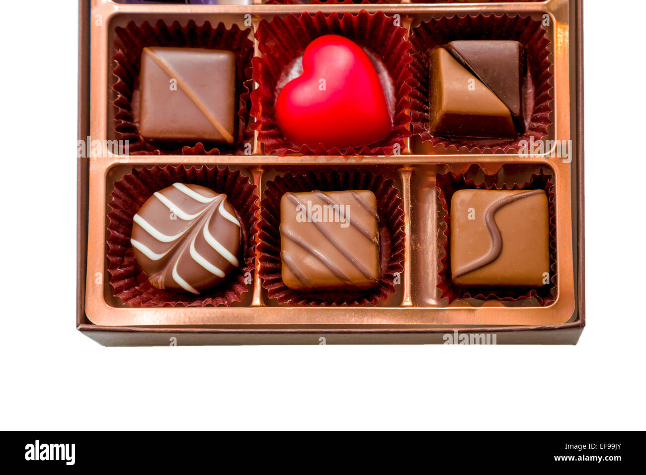 Assorted chocolates in brown box, with red heart chocolate Stock Photo ...