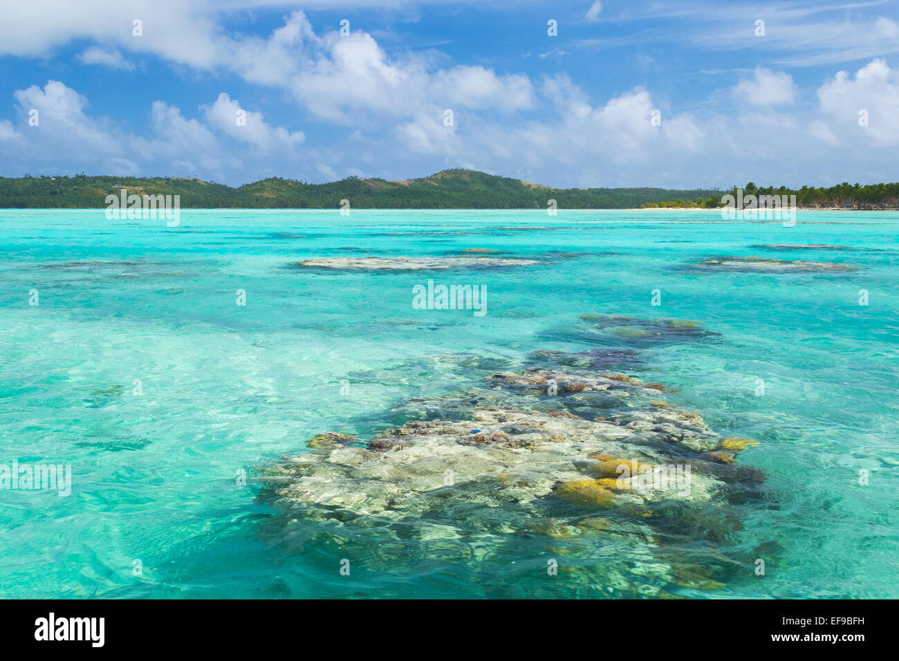 The colorful Aitutaki lagoon spotted by coral reef, in the middle of ...