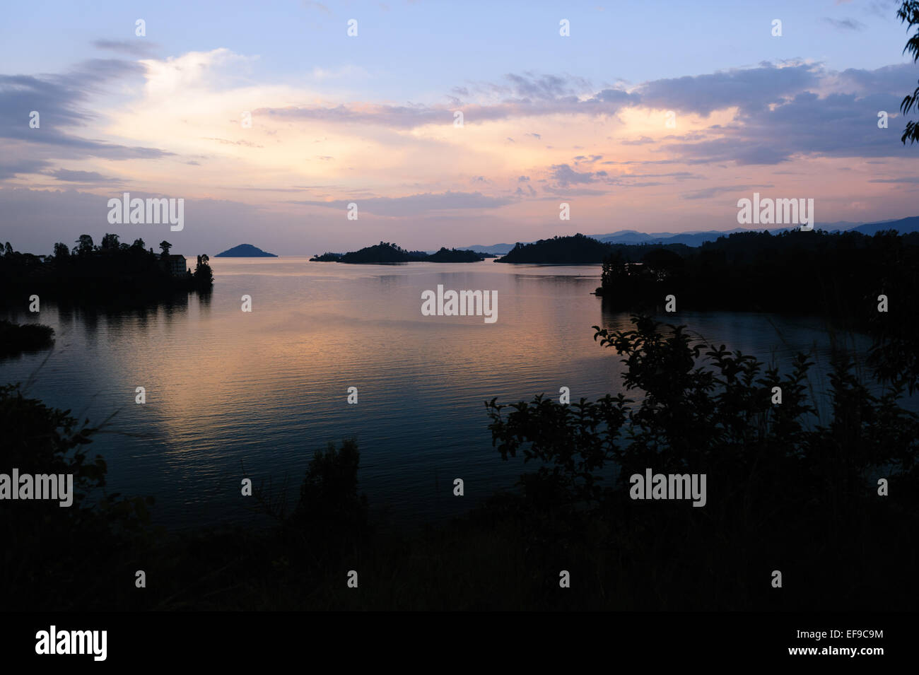 Sunrise at Lake Kivu near Kibuye, Rwanda, Central Africa. In the ...