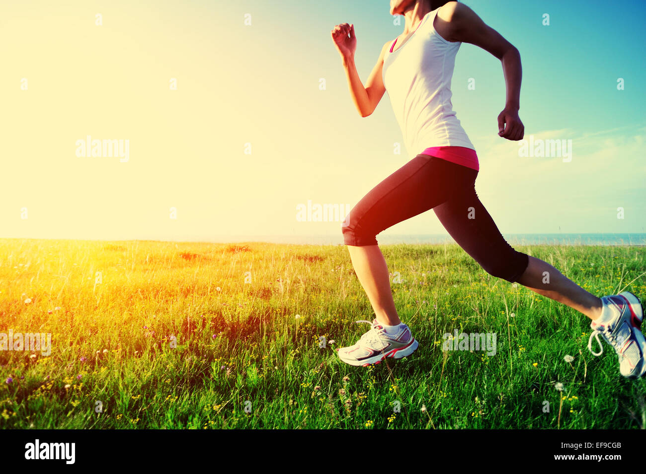 Runner athlete running on grass seaside Stock Photo - Alamy