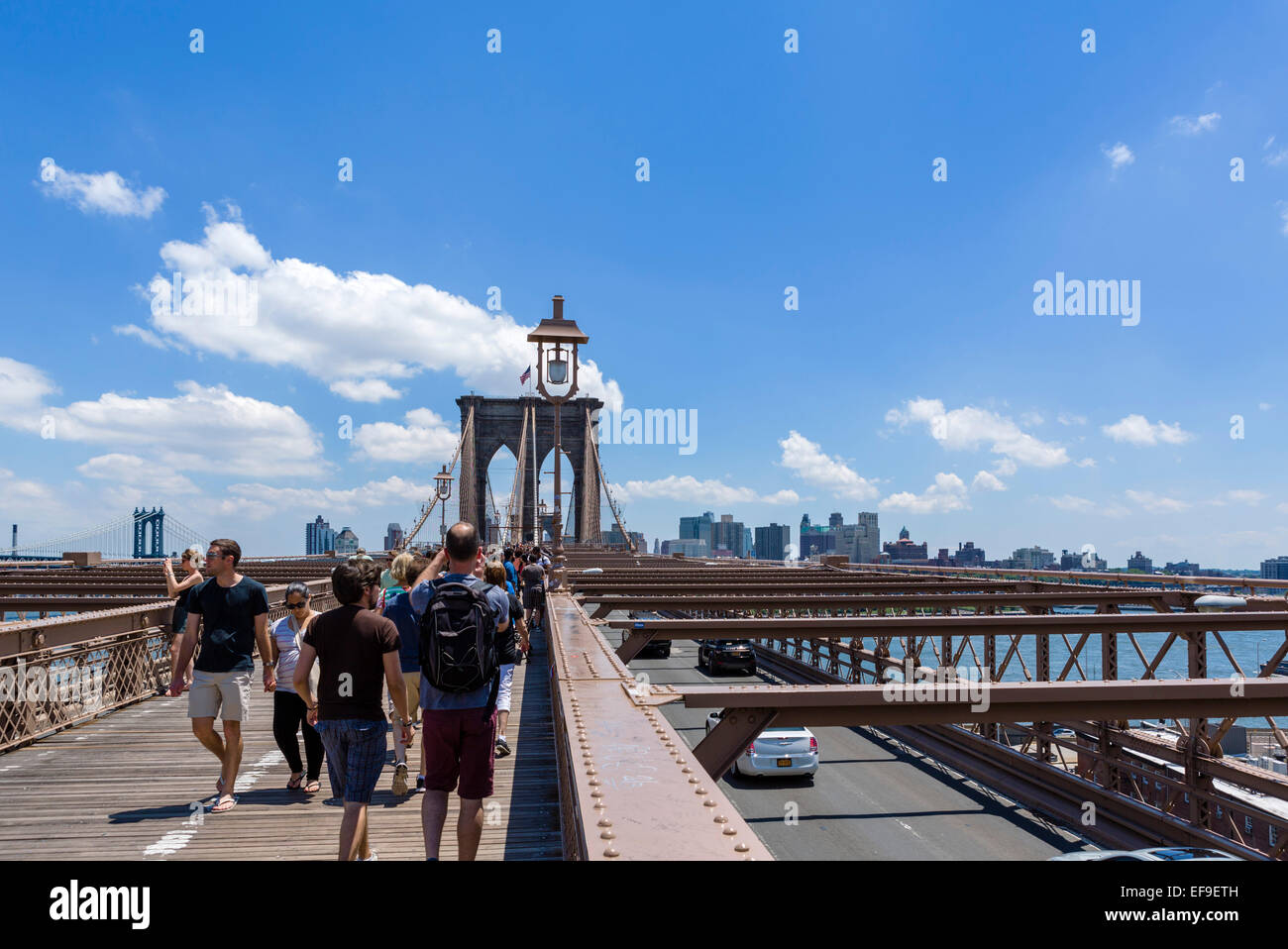 Pedestrians on Brooklyn Bridge Pedestrian Walkway looking towards ...
