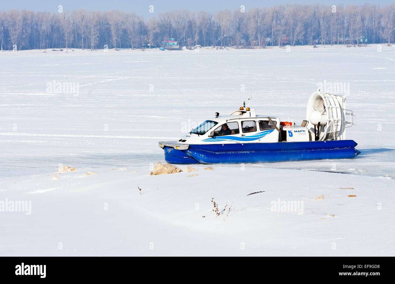 Hovercraft on the ice of the frozen Volga River in Samara Stock Photo ...