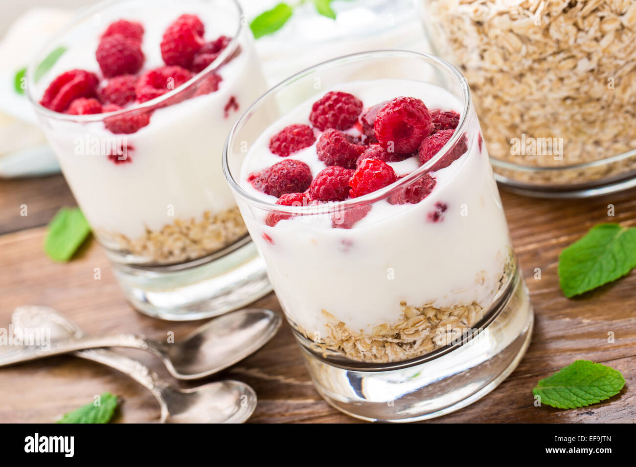 Yogurt with muesli and raspberries Stock Photo - Alamy