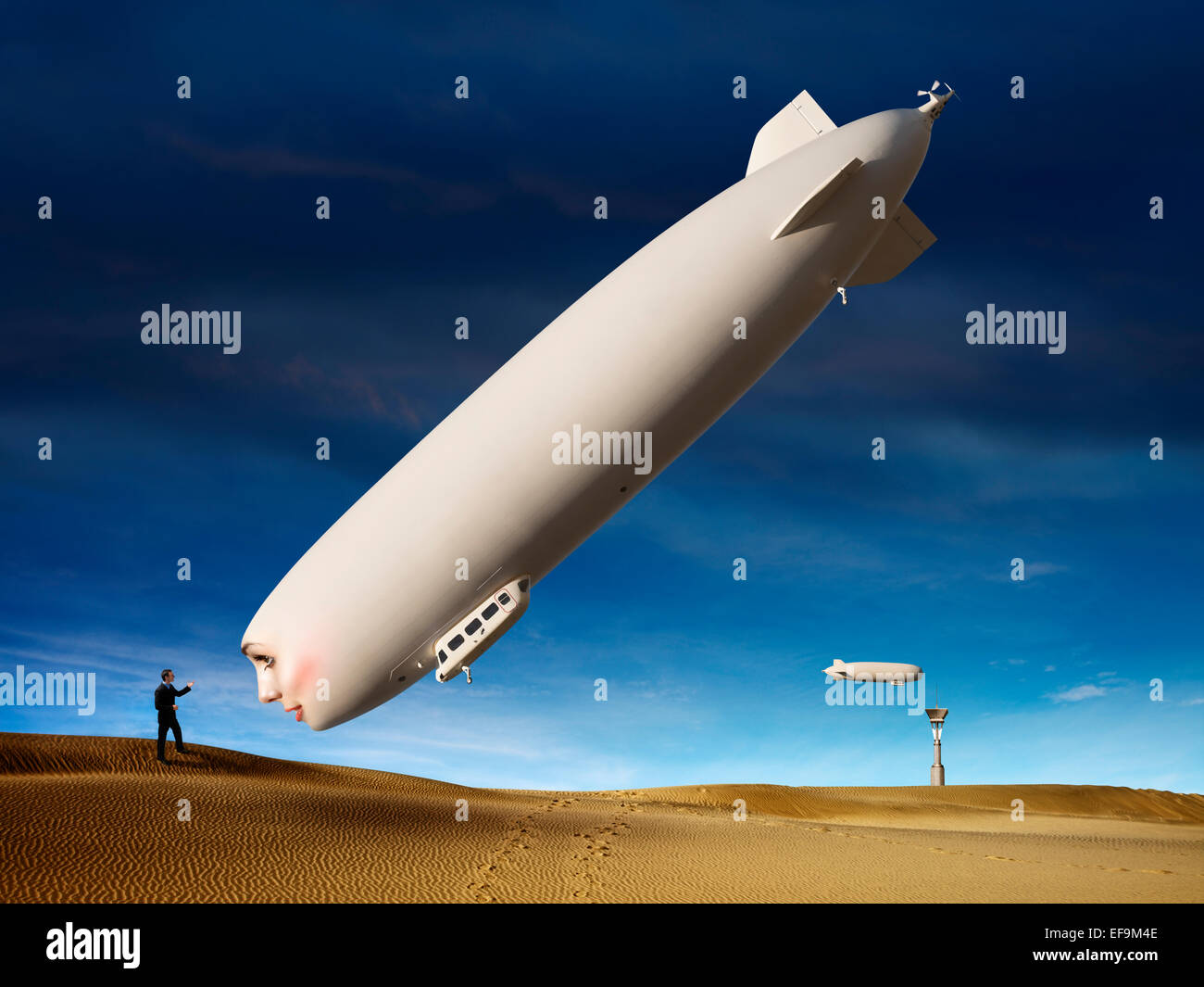 Horizontal fantasy image of giant blimp with the face of a woman in ...