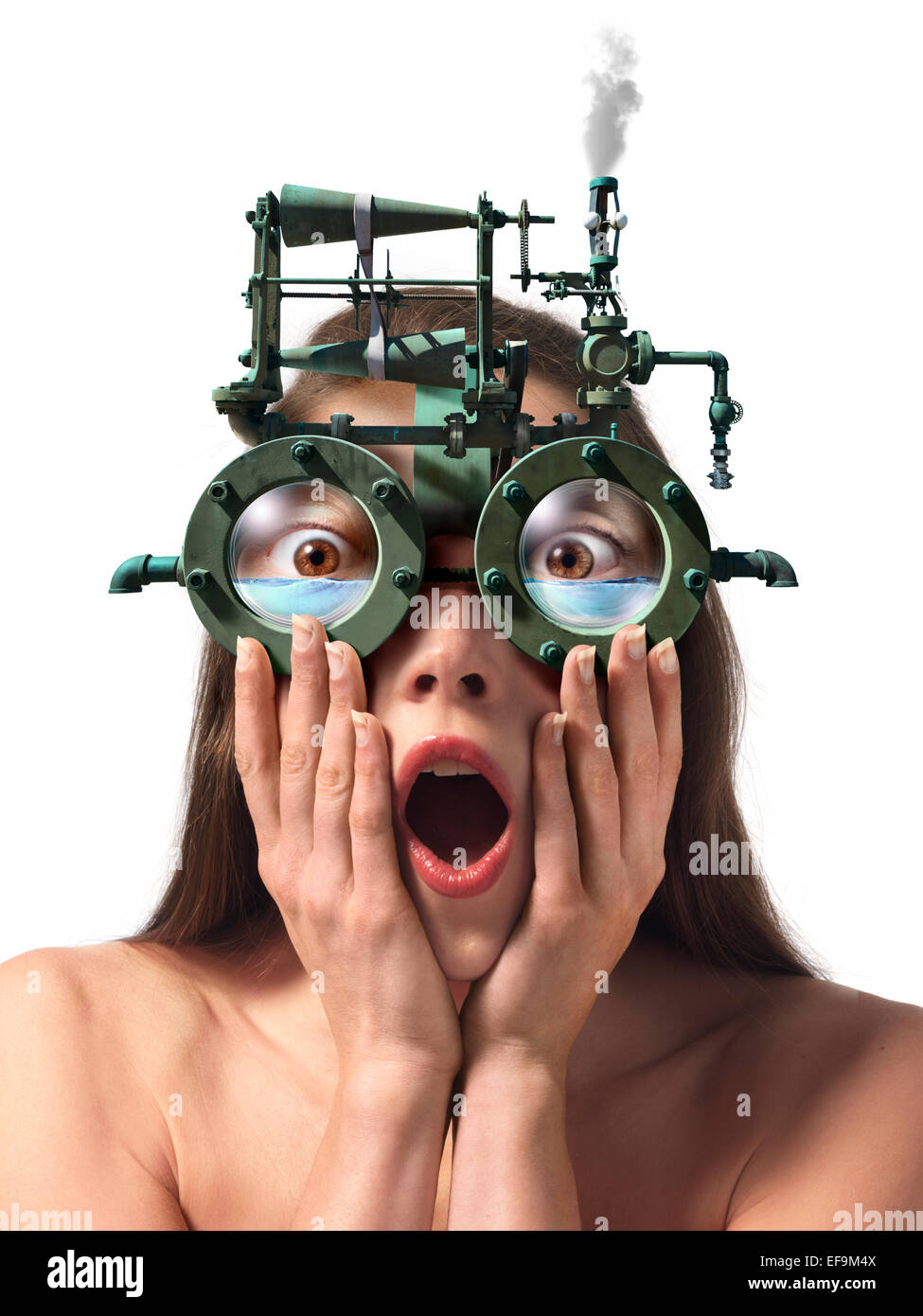 Fantasy image of woman wearing steam powered eyeglasses that are ...