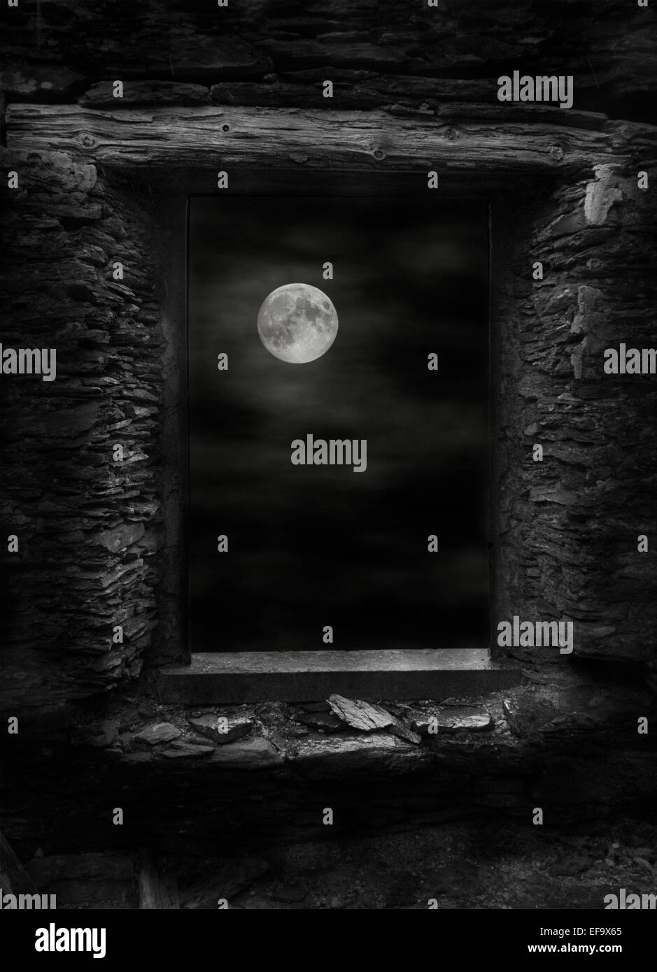 The moon looking down through the old window Stock Photo - Alamy