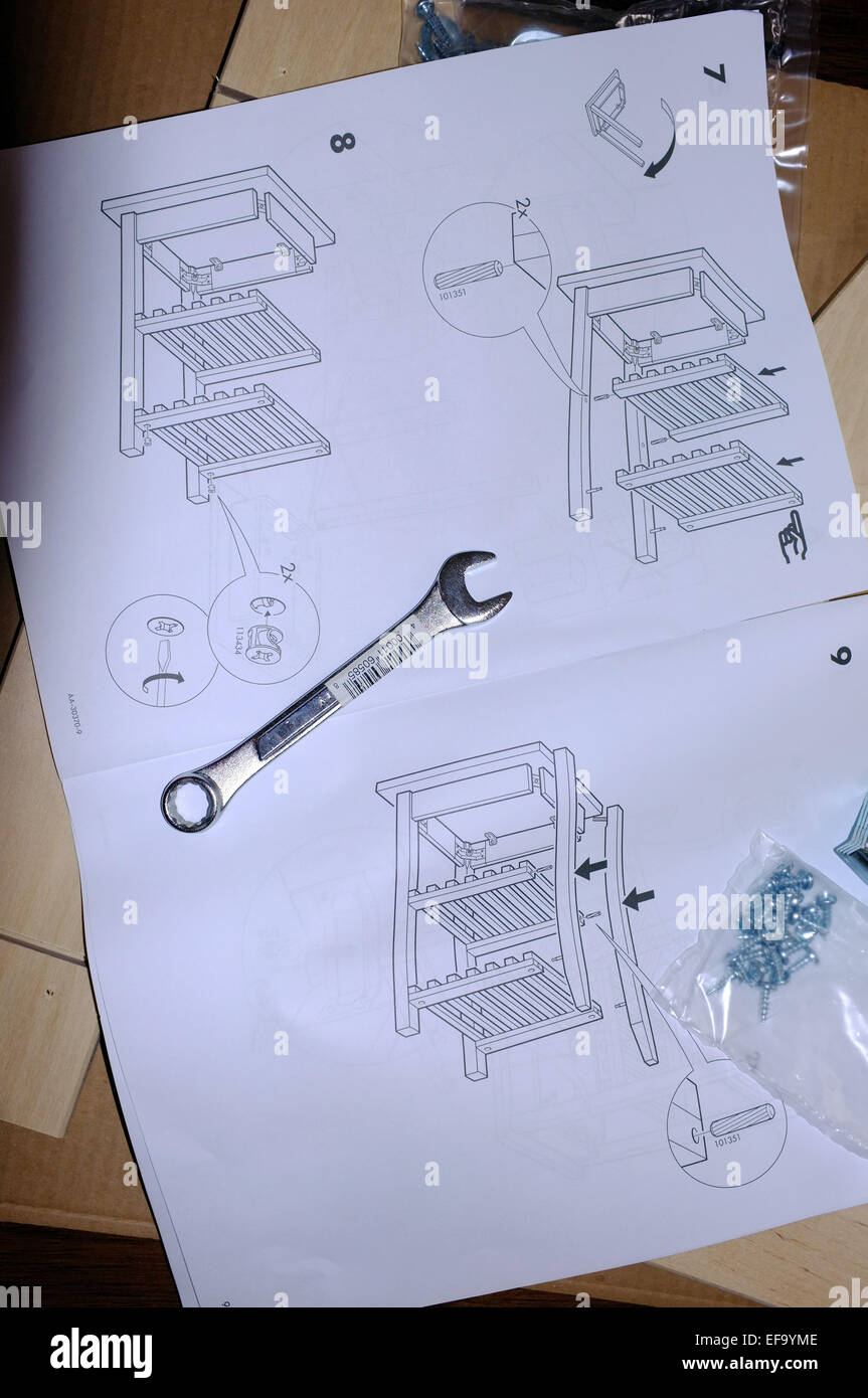 A set of DIY IKEA construction instructions and a spanner Stock Photo ...