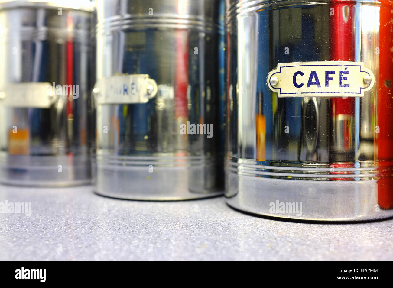 Kitchen metal containers with different labels Stock Photo - Alamy