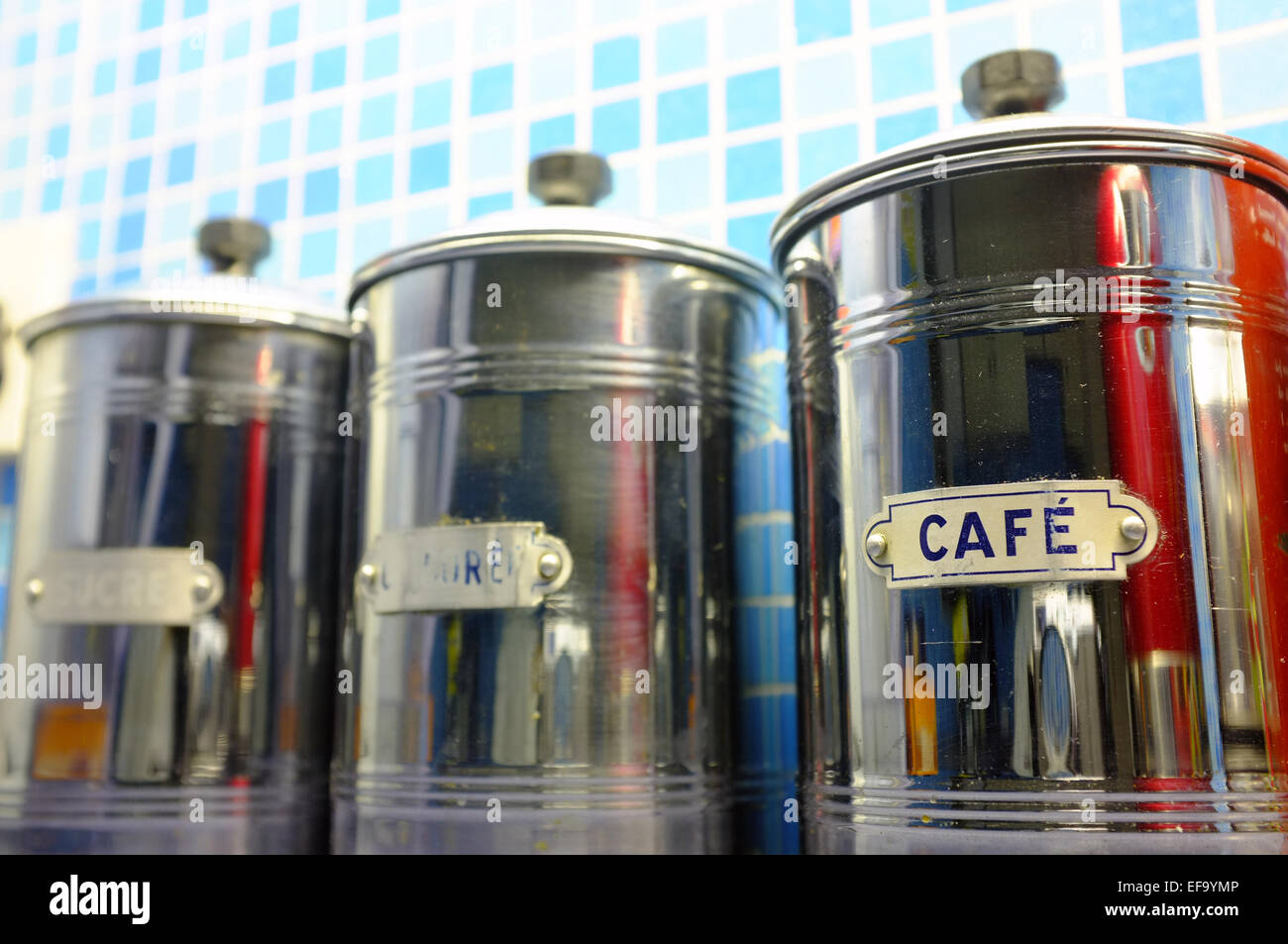 Stylish metal food storage tins on a kitchen counter Stock Photo - Alamy