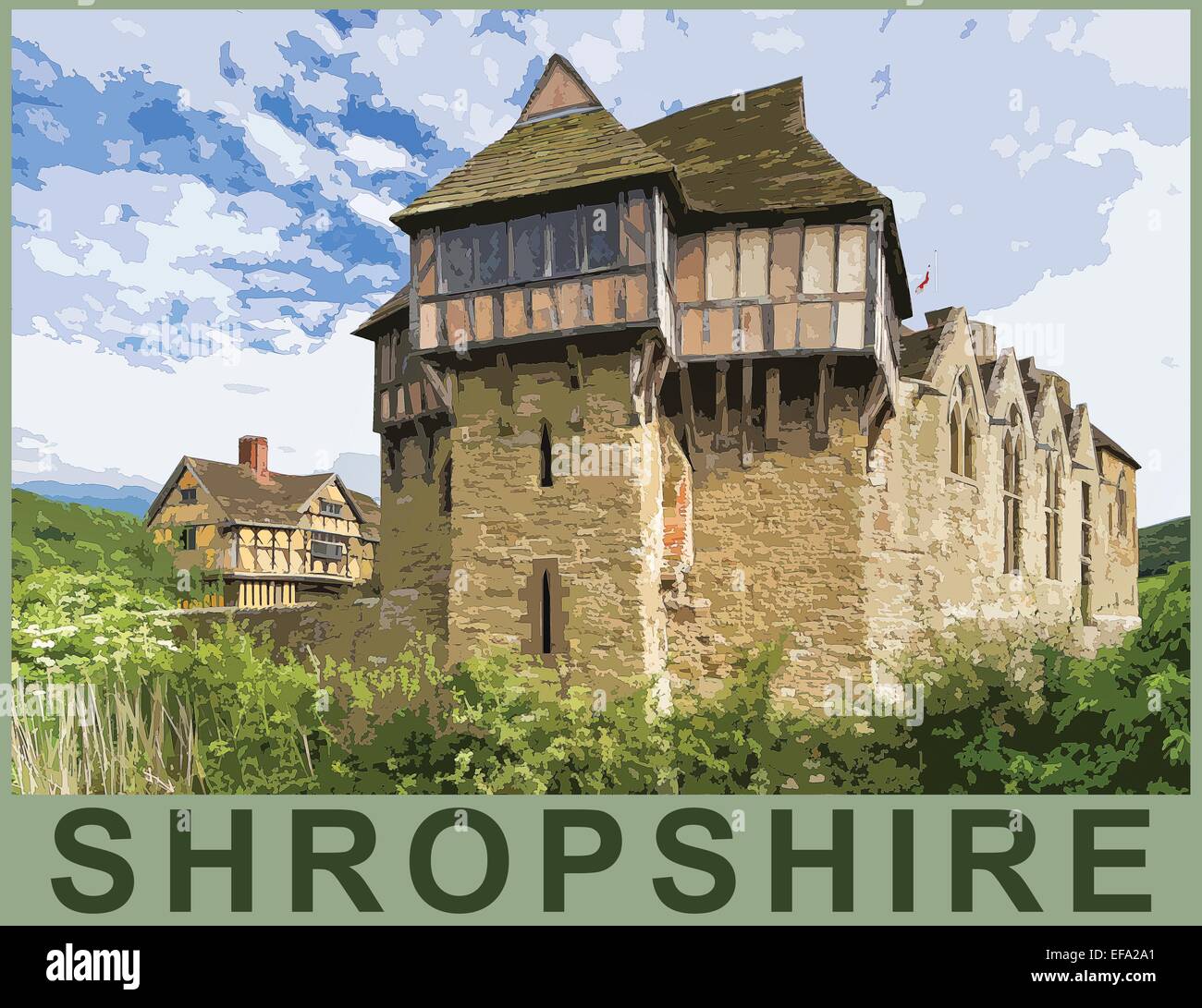 A poster style interpretation of the fortified manor house of Stokesay ...