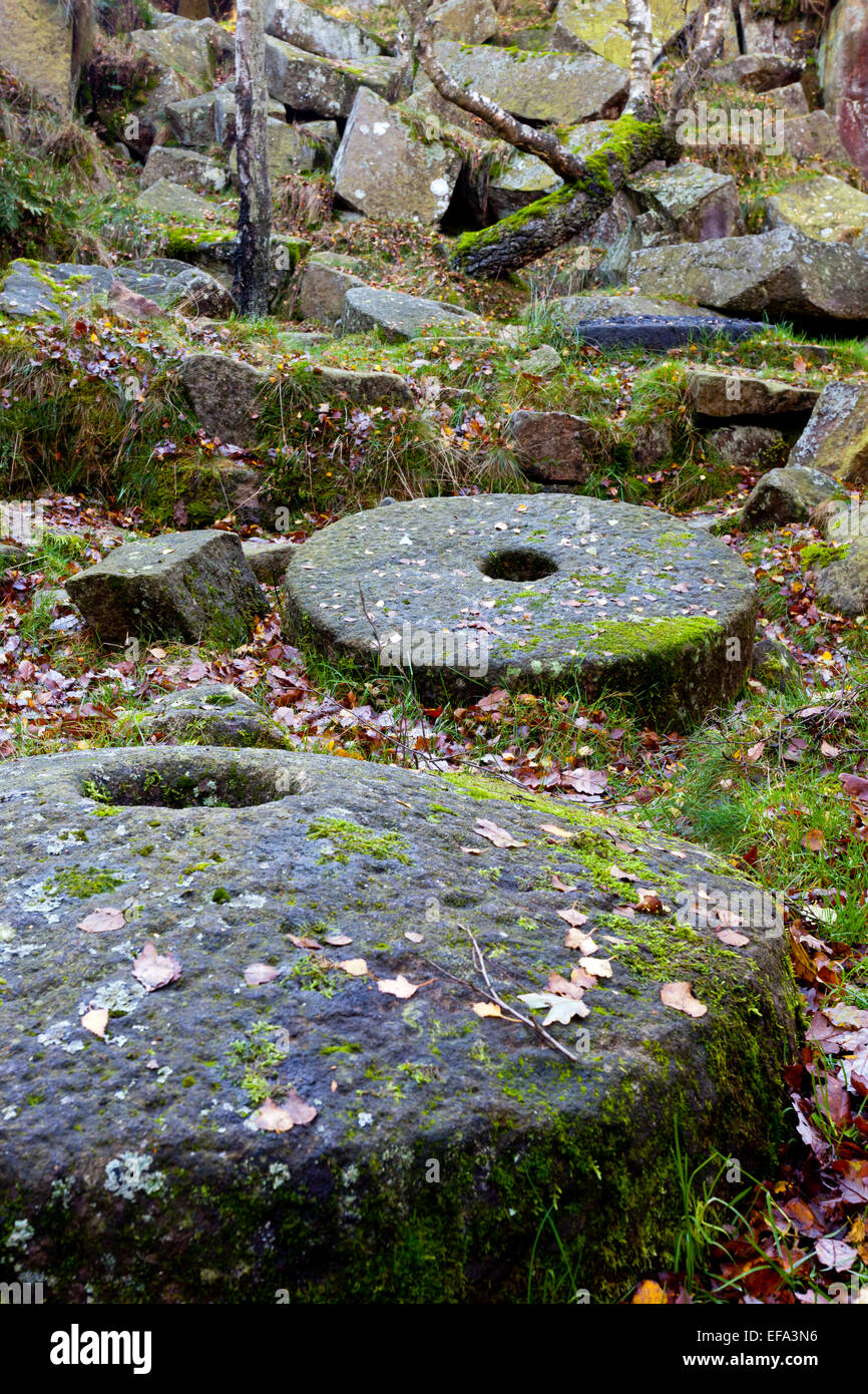 Abandoned gritstone mill stones in old quarry at Padley Gorge on ...