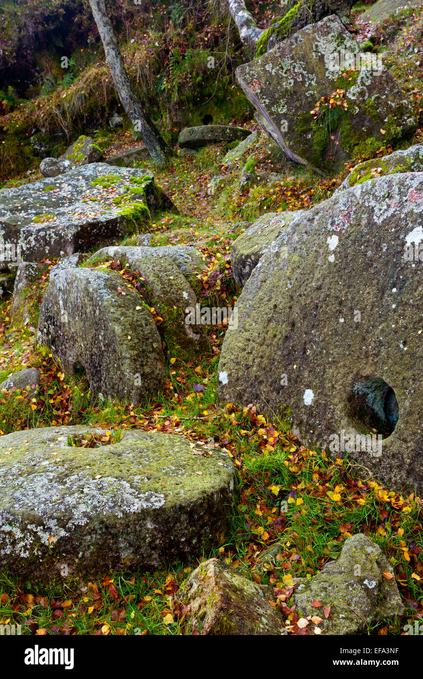 Abandoned gritstone mill stones in old quarry at Padley Gorge on ...