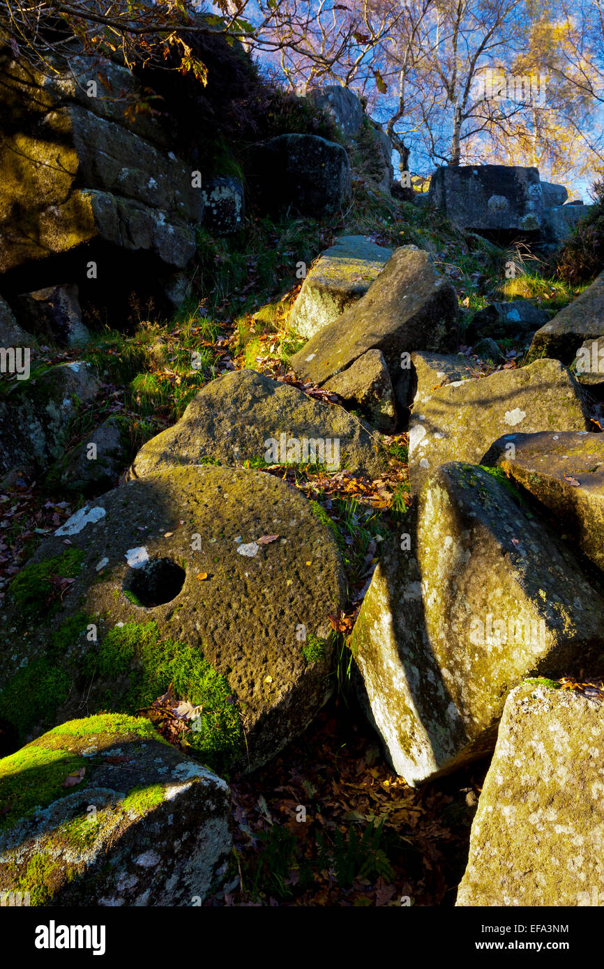 Abandoned gritstone mill stones in old quarry at Padley Gorge on ...
