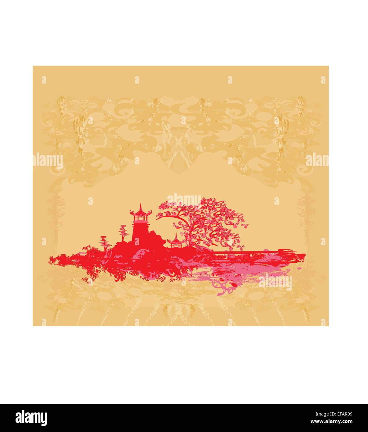old paper with Japanese temple on abstract Asian Landscape Stock Vector ...