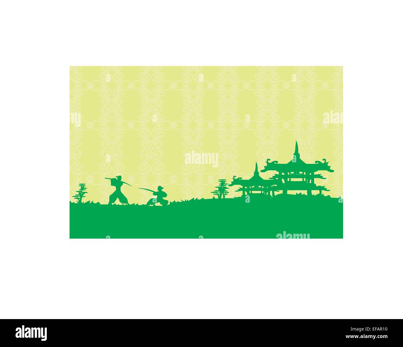 Fighting Samurai silhouette in abstract Asian Landscape Stock Vector ...
