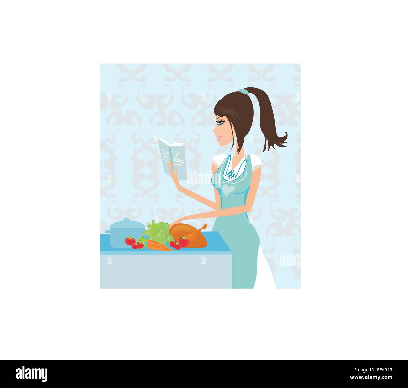 Beautiful lady with cookbook cooking in the kitchen Stock Vector Image ...