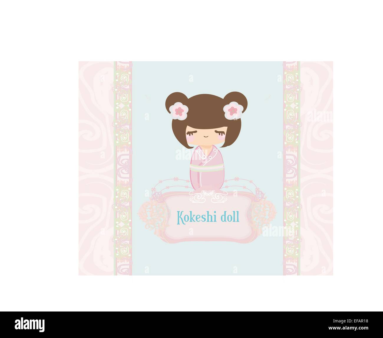Kokeshi doll on the pink background with floral ornament Stock Vector ...