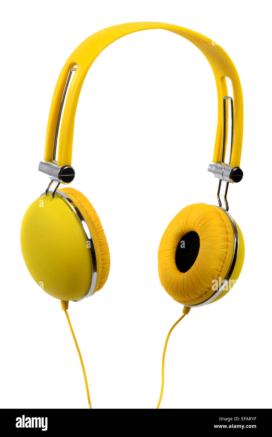 yellow headphones on the white background Stock Photo - Alamy