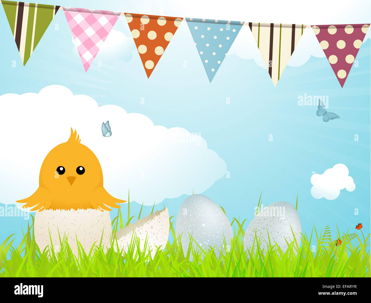 Easter Chick and Bunting against a Blue Sky with Fluffy Clouds Stock ...