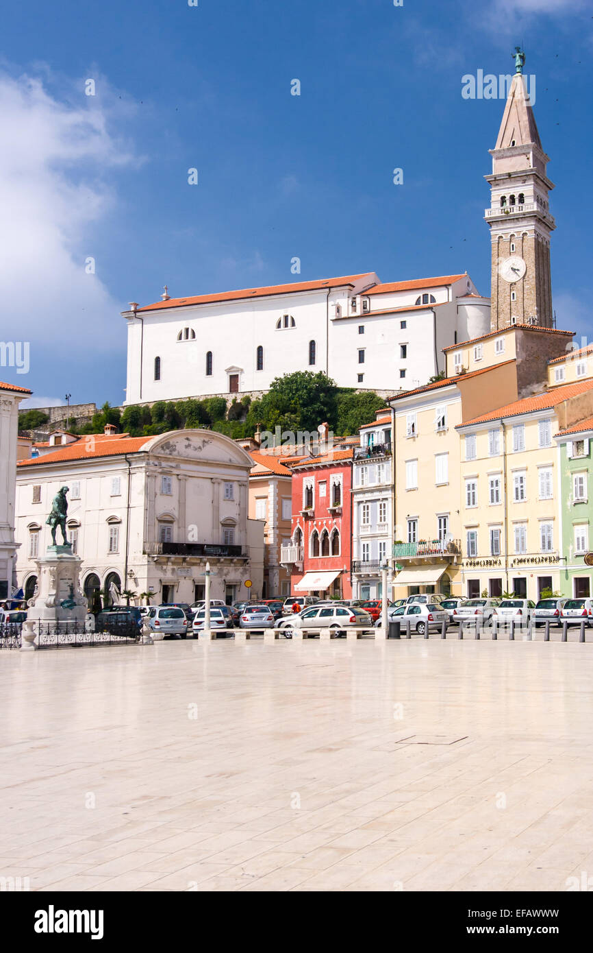 Tartini Square on a hot summer's day in sunshine in Piran, Slovenia ...