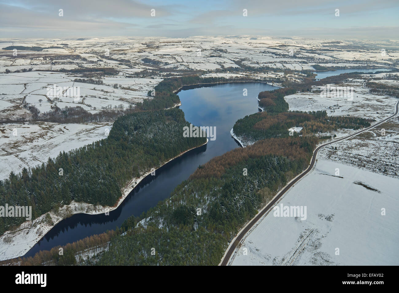 A scenic winter aerial view of the Turton and Entwistle reservoir ...