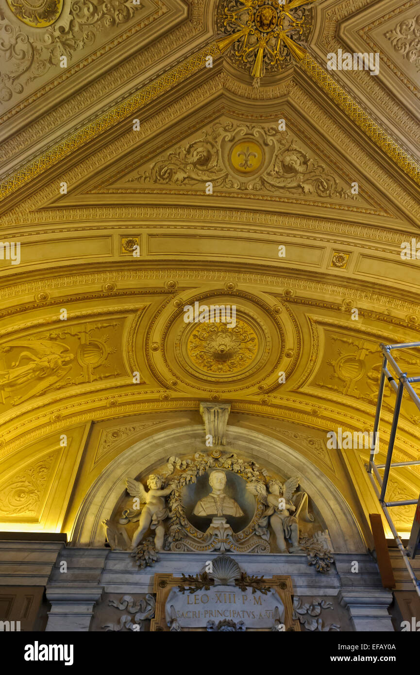 The beautiful golden design of the ceiling along the corridor of the ...