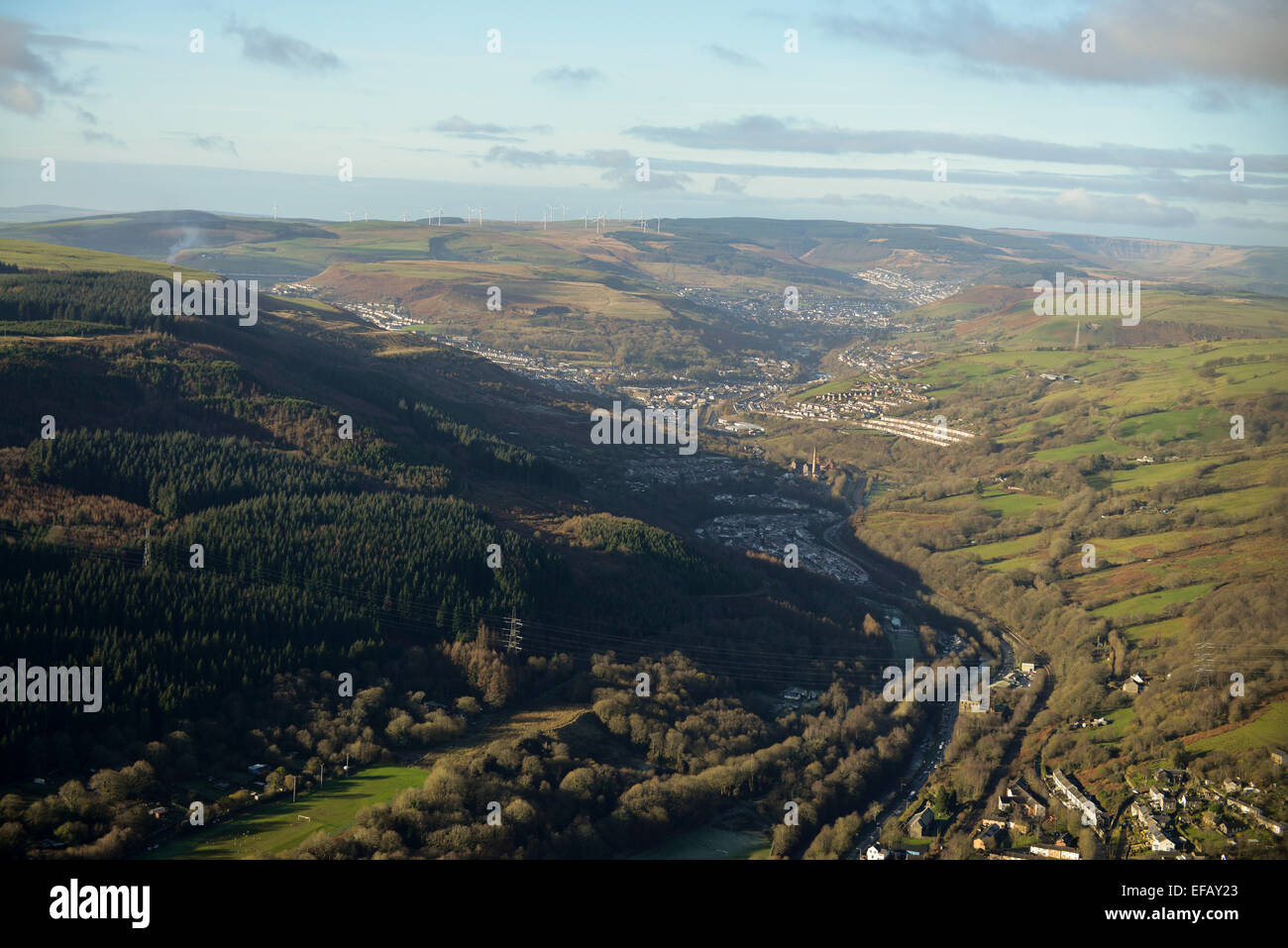 An aerial view from Pontypridd along the Rhondda Valley with the ...