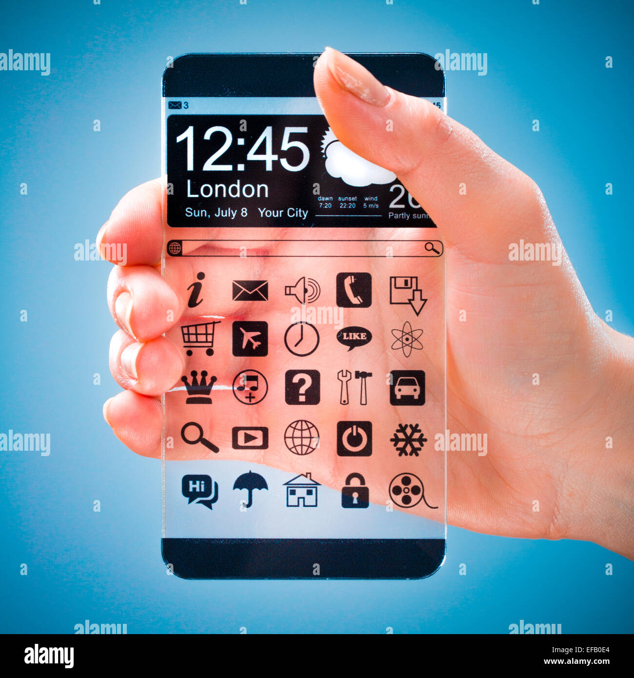 Futuristic Smart phone (phablet) with a transparent display in human ...