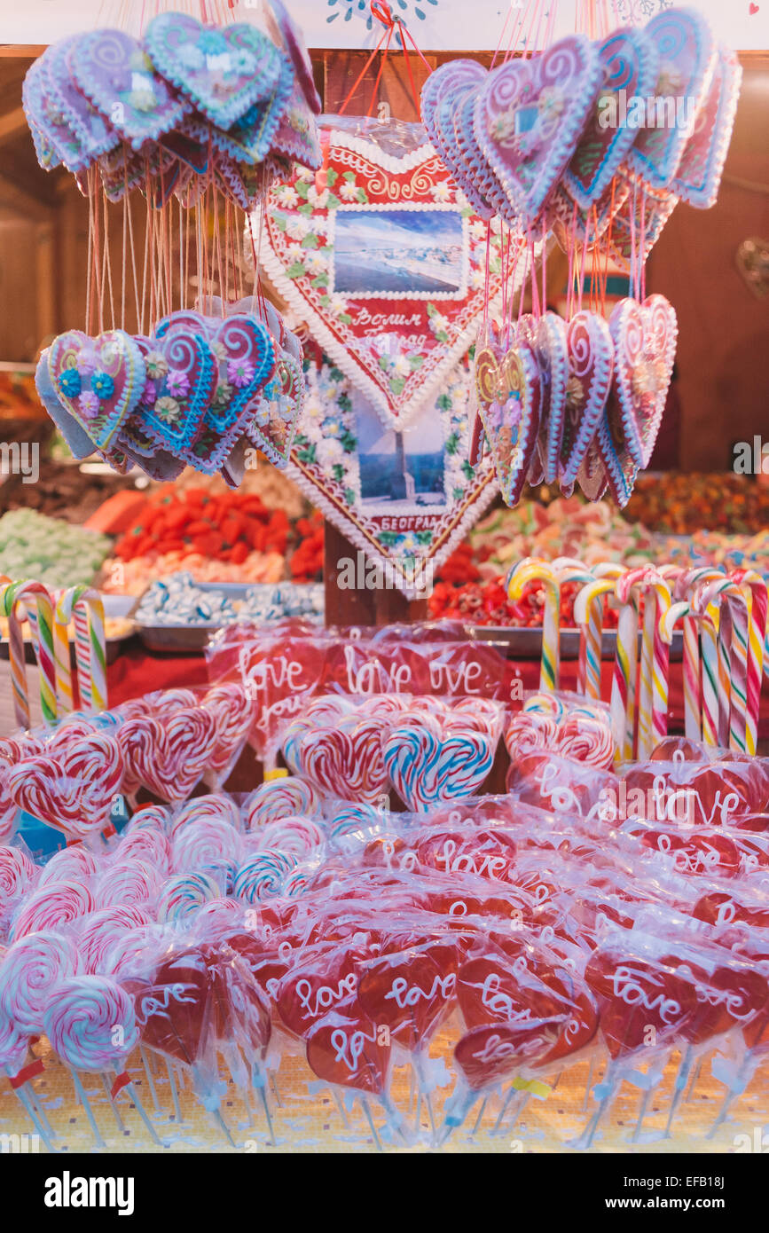 Heart shaped candies, lollypops and other treats and gifts, on the ...